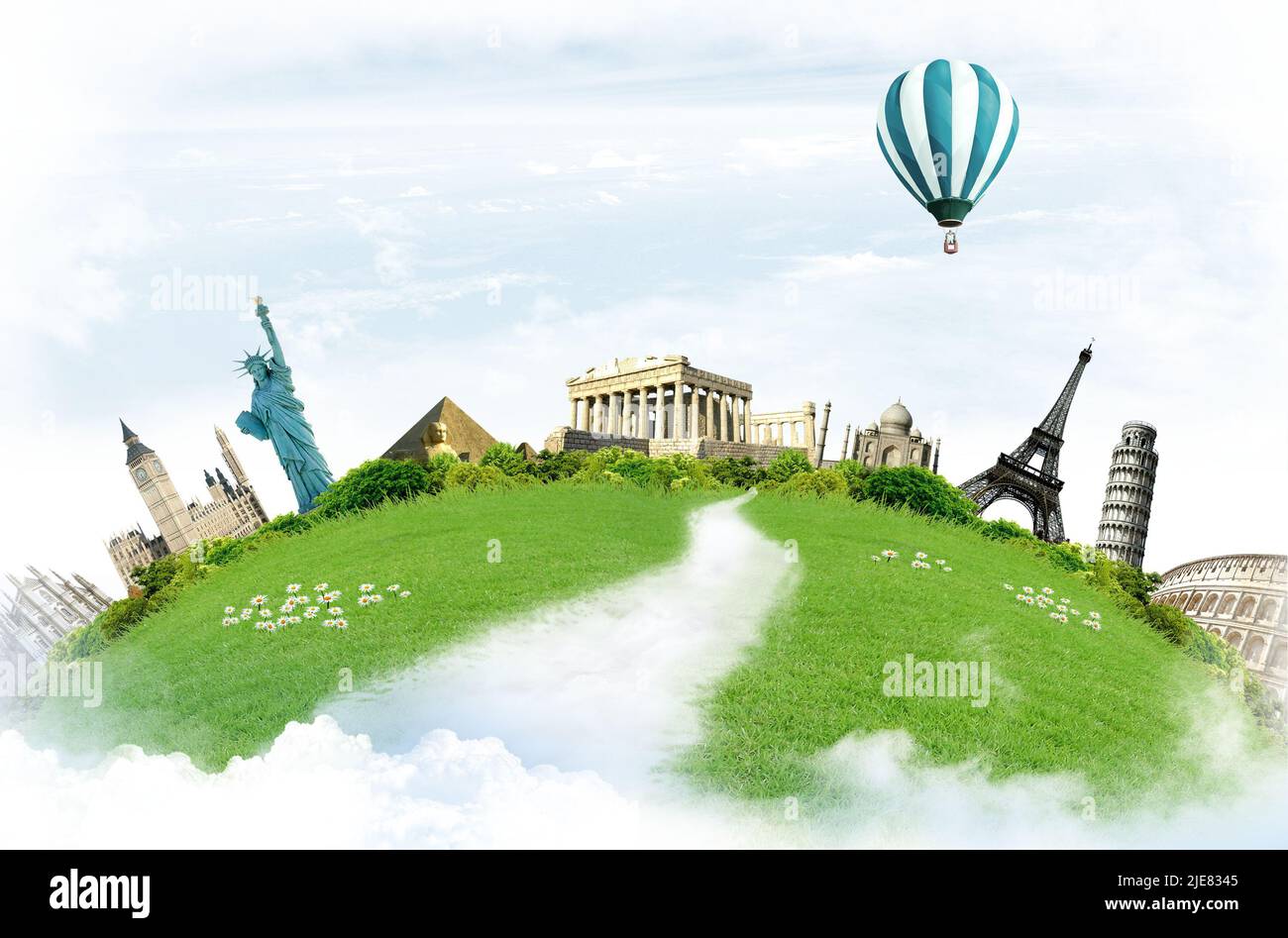 Travel around the world: landmarks with grassland in the blue sky with ...