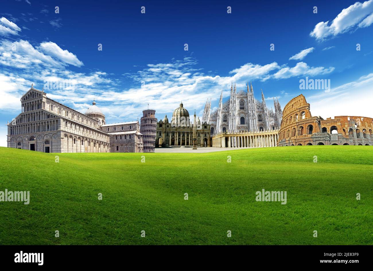 Grassland with Italian Landmarks in the background and blue sky and ...