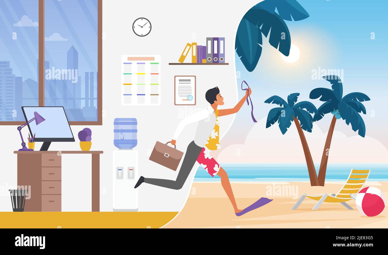 Entrepreneurs escape to exotic sea sand beach vector illustration ...