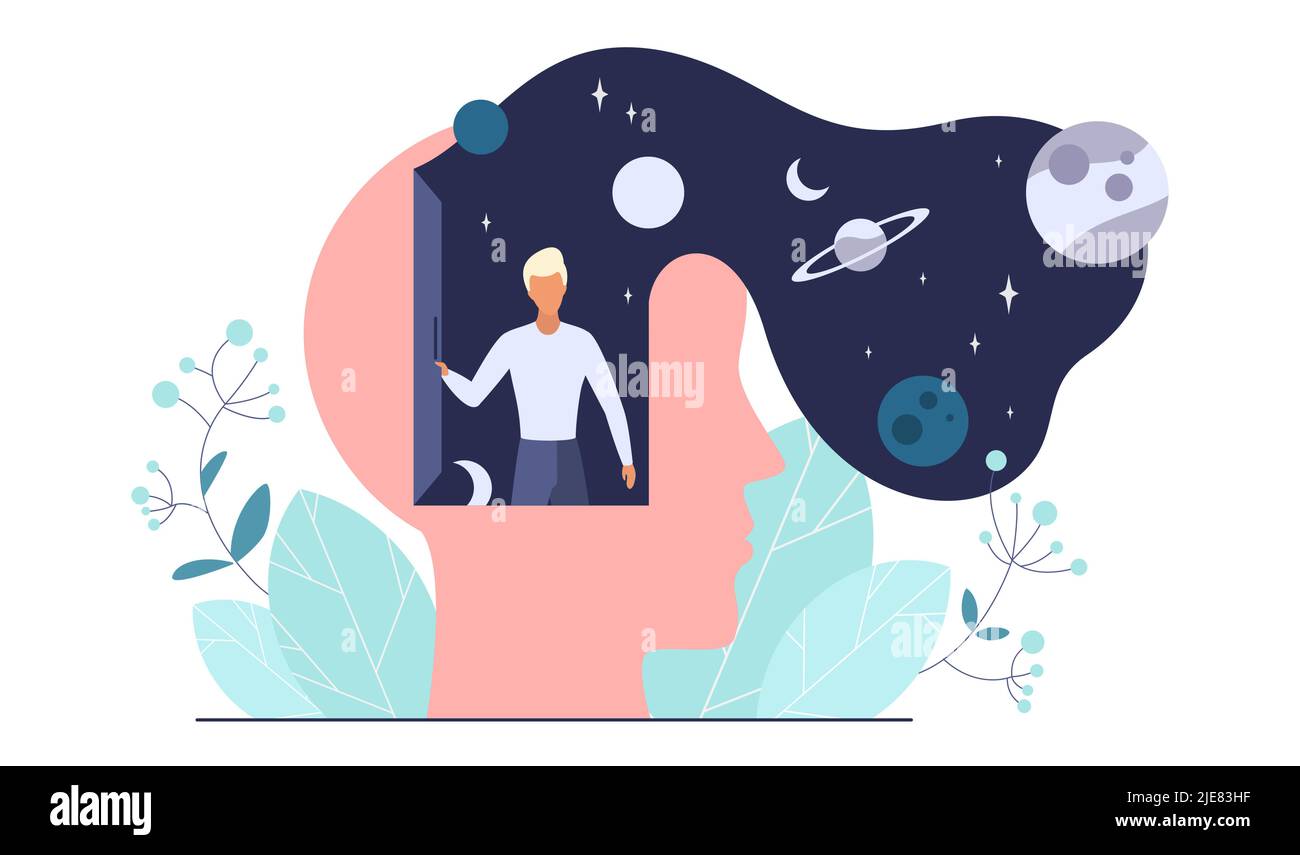 Science insight, inner discovery in surreal brain. Cartoon man at open ...