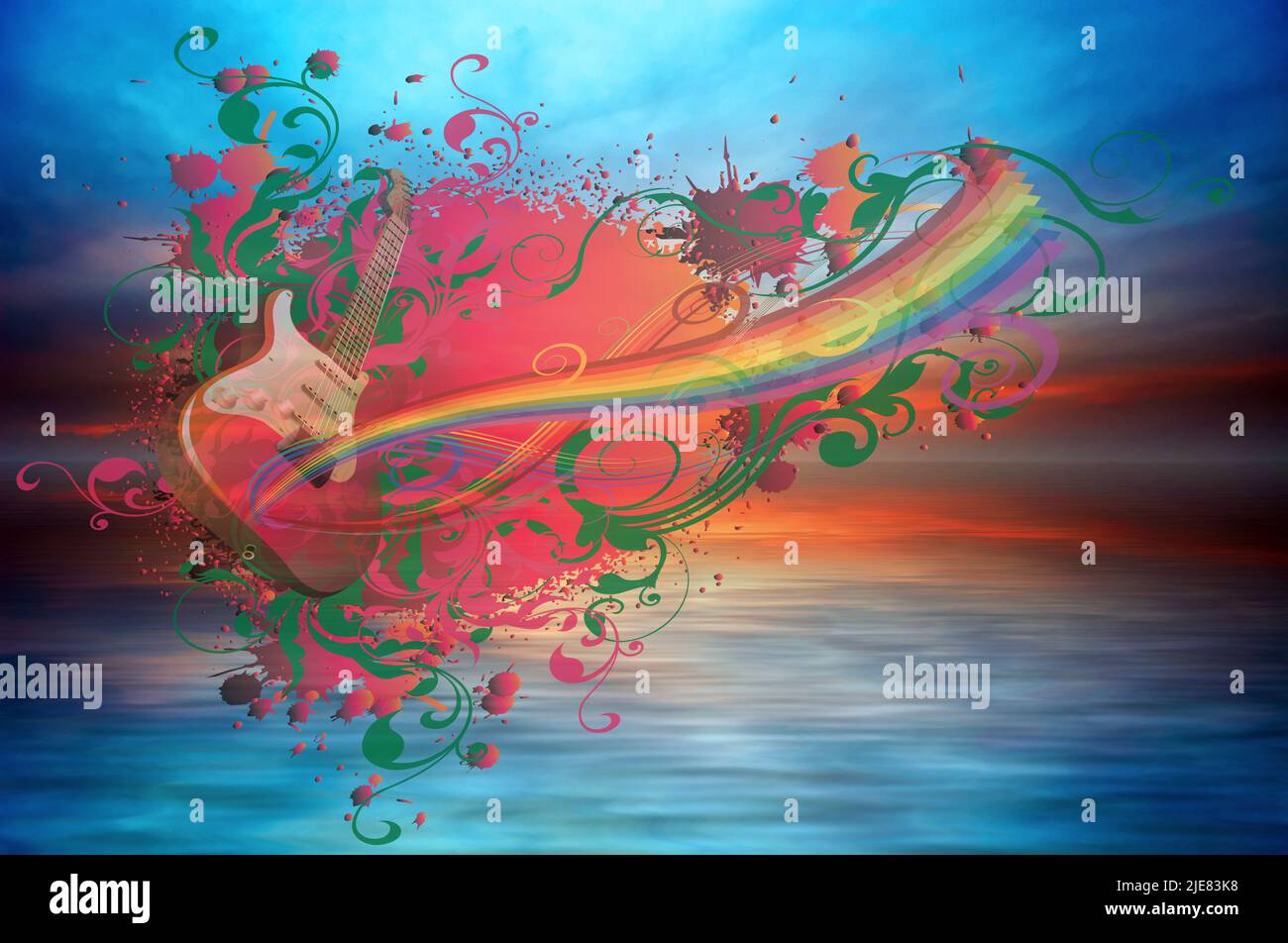 Music rainbow on the ocean sunset background Stock Photo - Alamy
