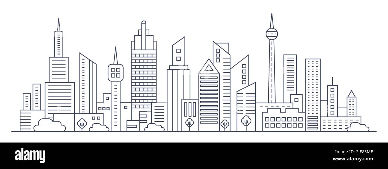 Future city with modern high buildings and towers thin line infographic ...