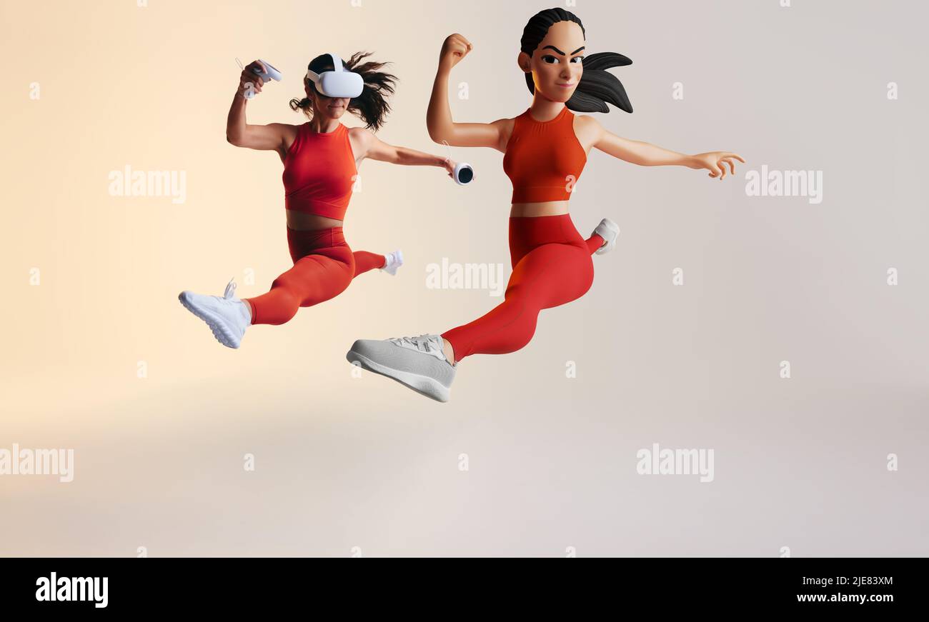 Metaverse workout session. Sporty young woman exploring virtual reality ...