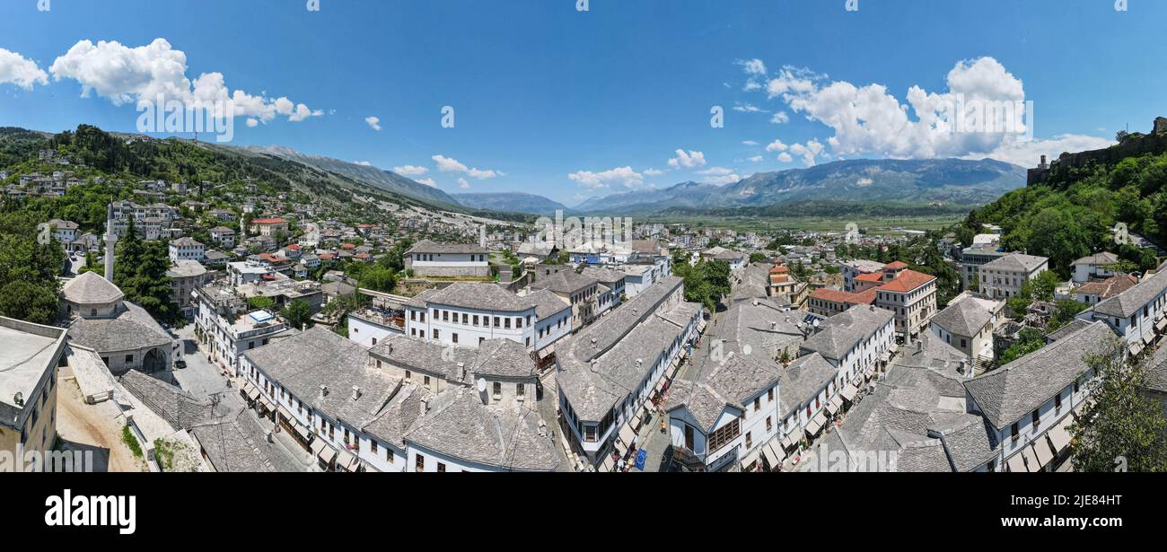 Drone view at the town of Gjirokastra on Albania, Unesco world heritage ...