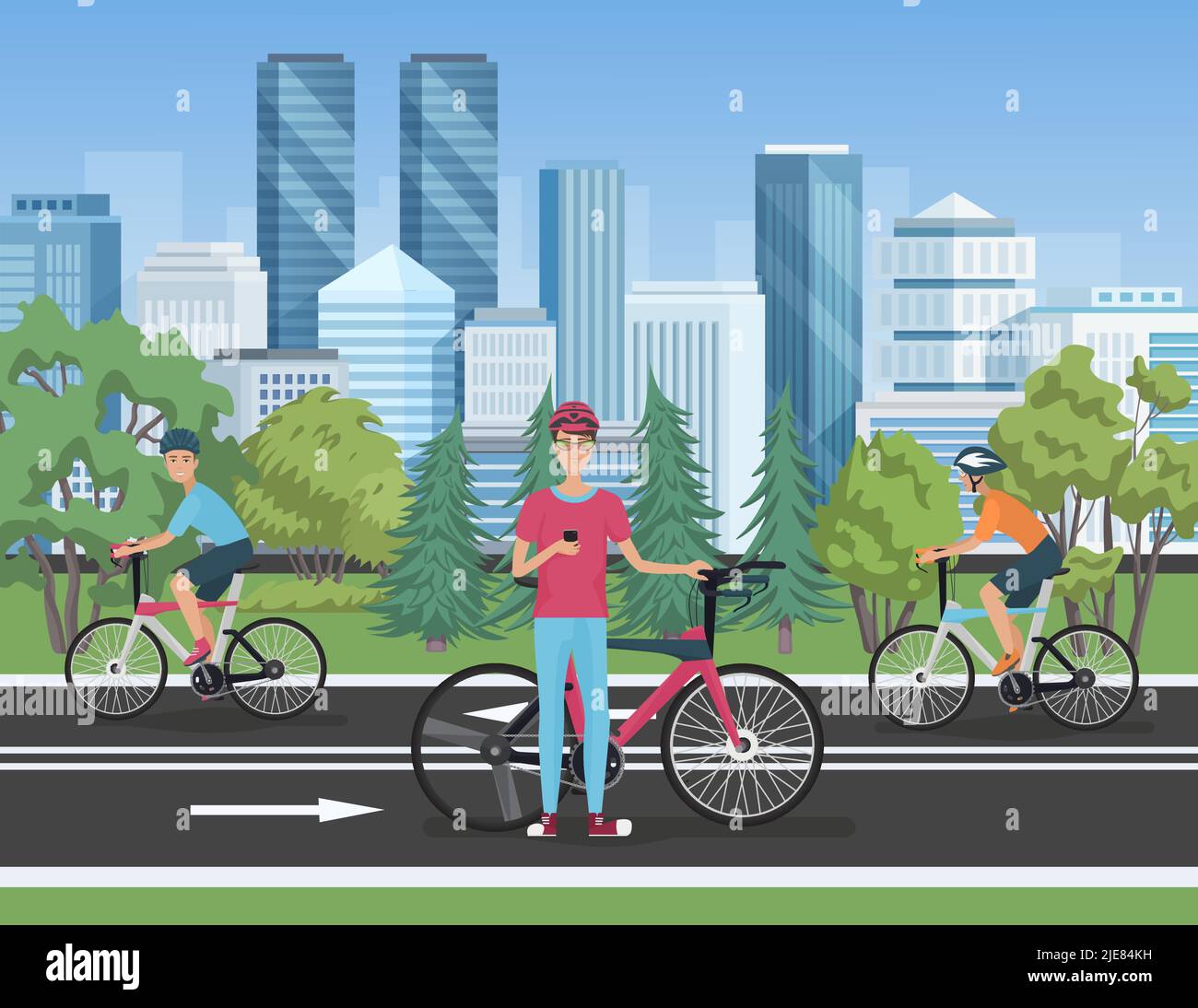 Cyclists characters ride bikes on city street vector illustration ...