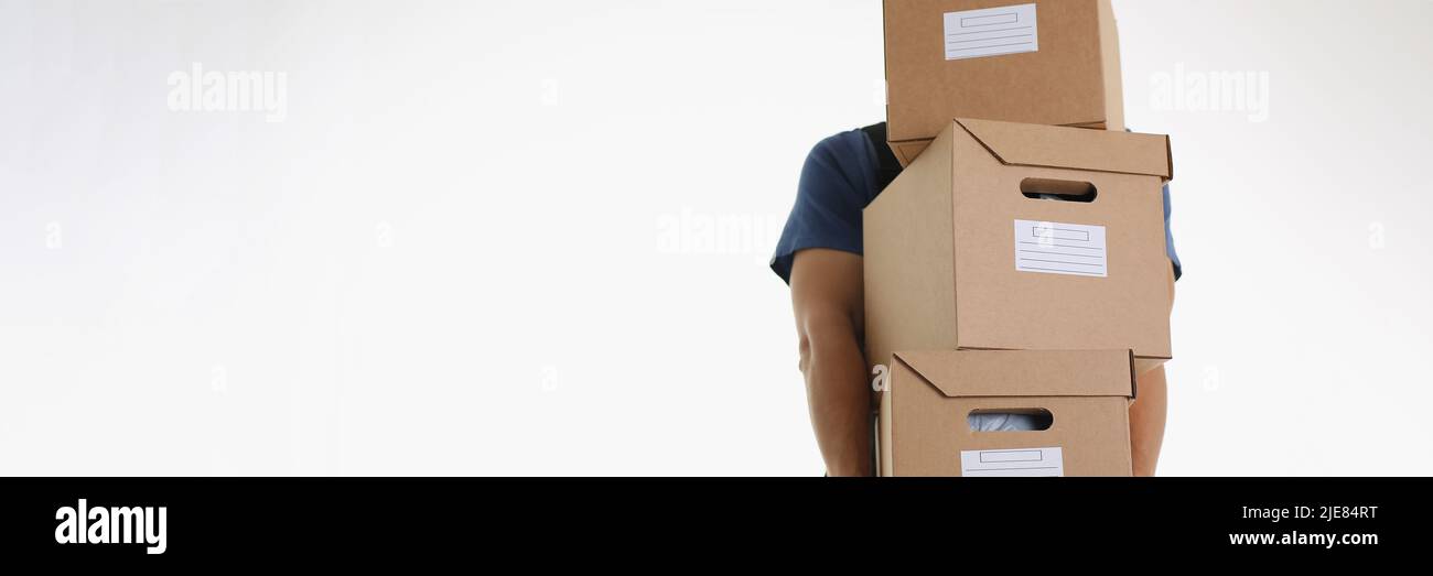 Postman carry bunch with cardboard packages for further delivery Stock ...