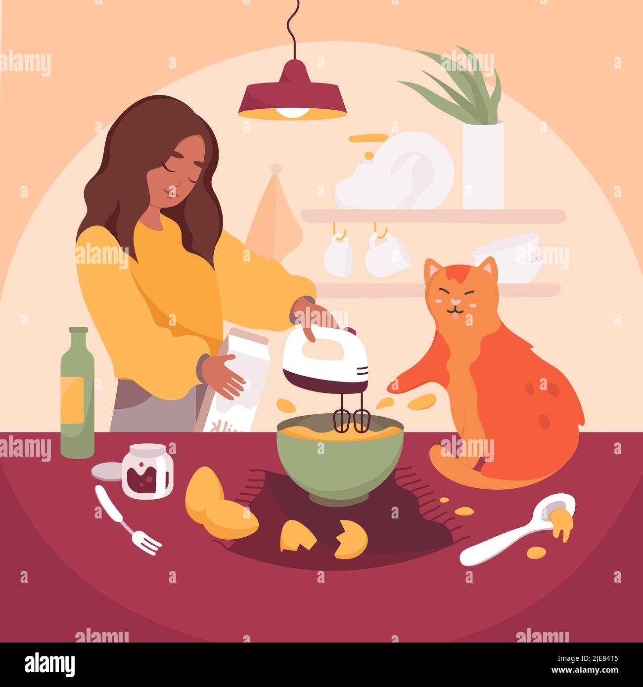 Girl cooking with cat in kitchen Stock Vector Image & Art - Alamy