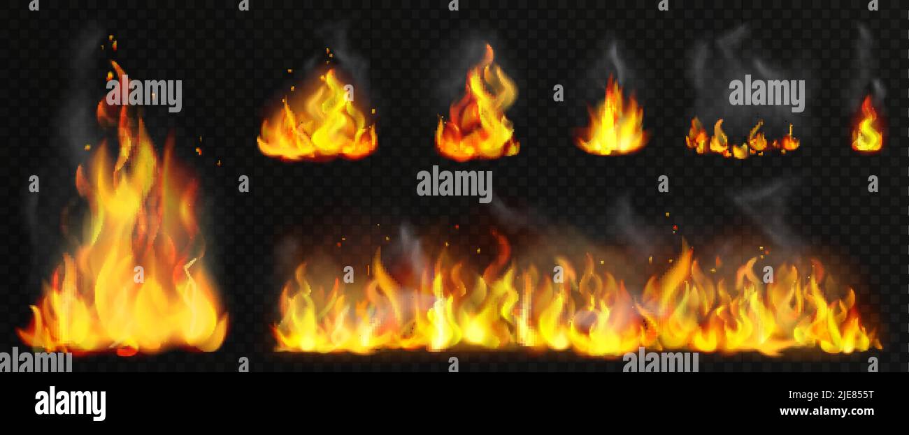 Fire flames with smoke set vector illustration. Realistic red and ...