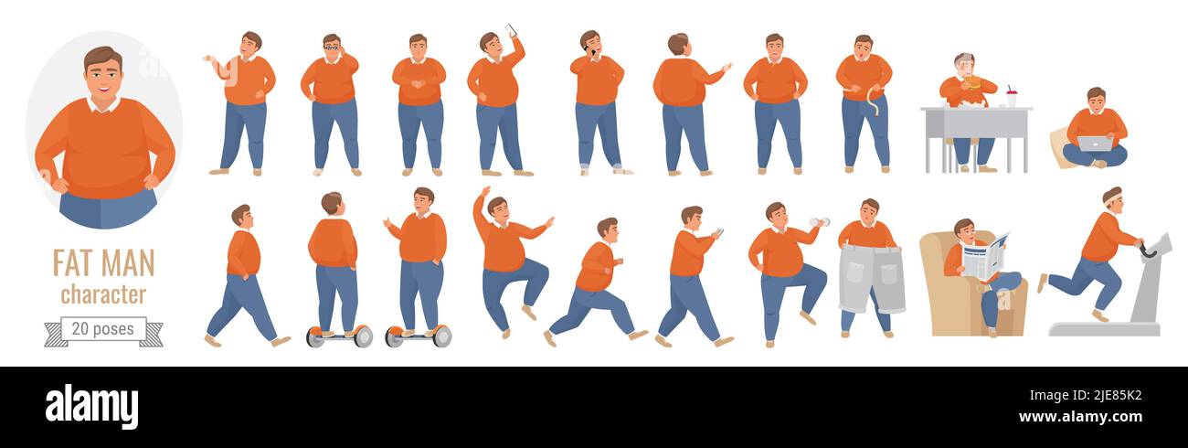 Cartoon body positive male character showing different postures action ...