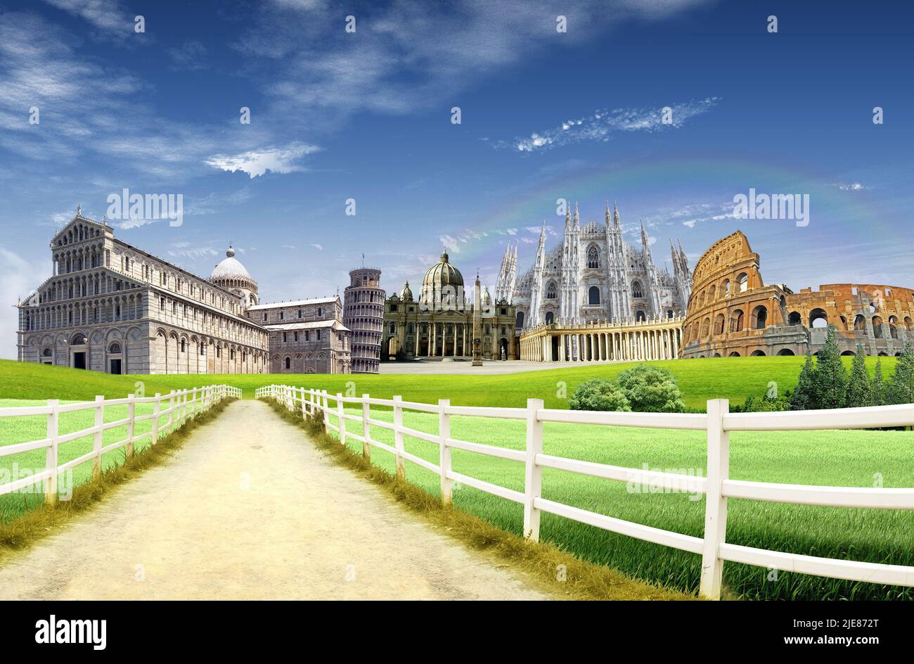 Italian Landmarks with country road and blue sky and clouds with ...