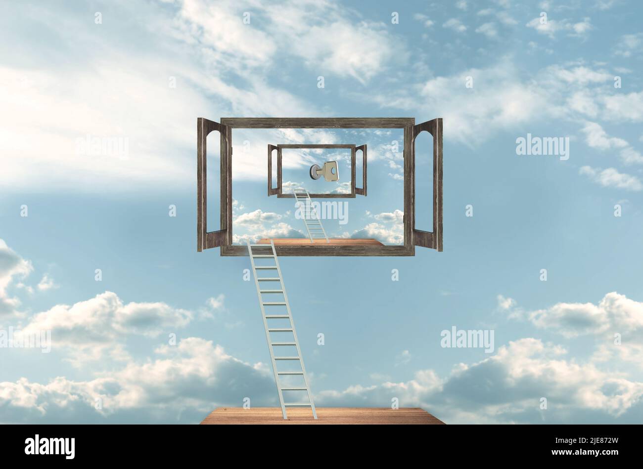 Ladders to the open windows and key to open the sky. Conceptual ...