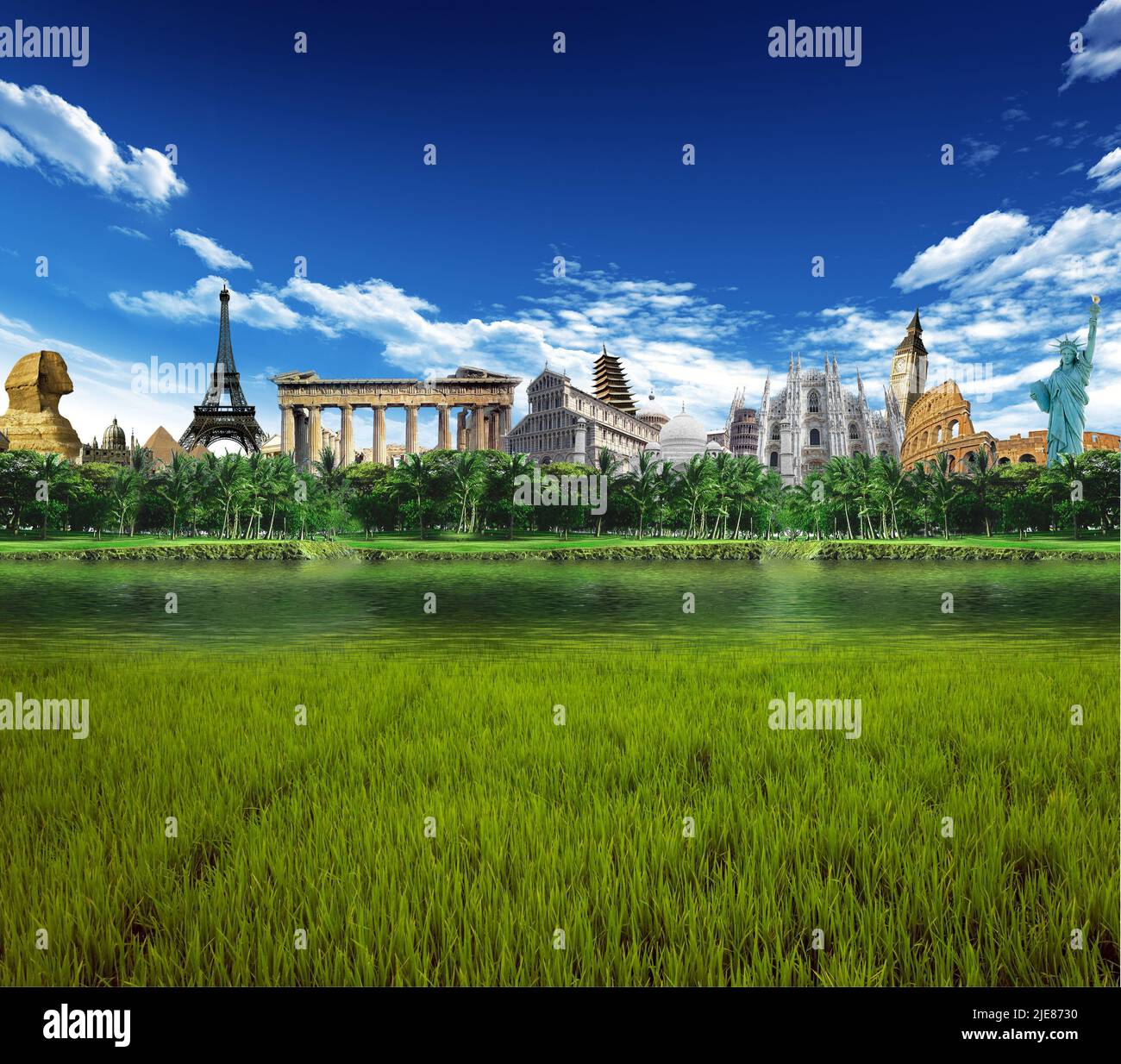 Grassland with llagoon and palm trees with world landmarks in the ...