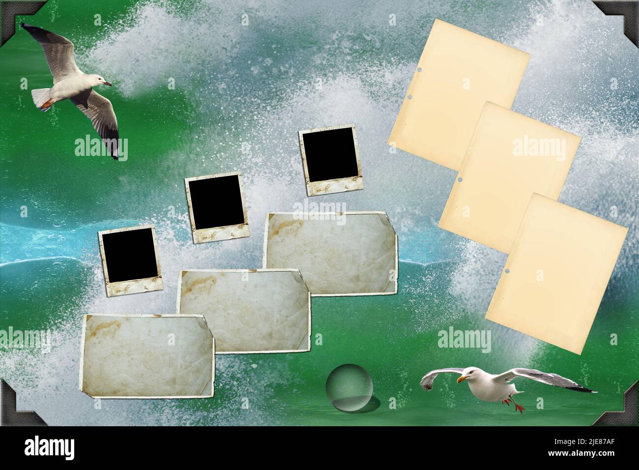 Ocean template: frame with ocean wave spray and sea colors, seagulls ...