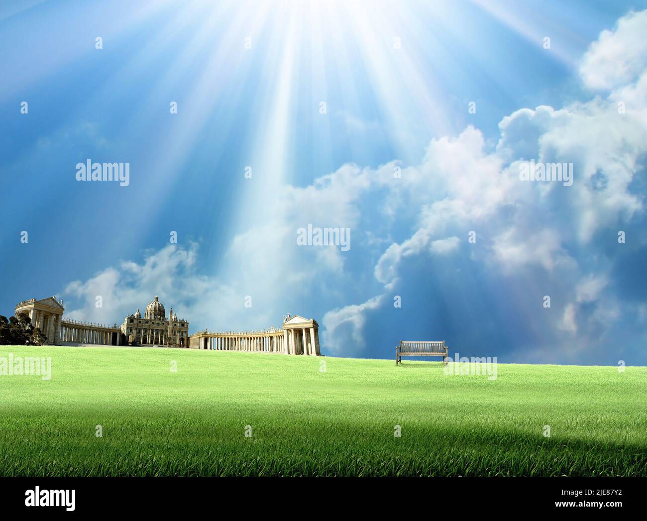 Travel background with Grassland and bench under a blue sky with ...