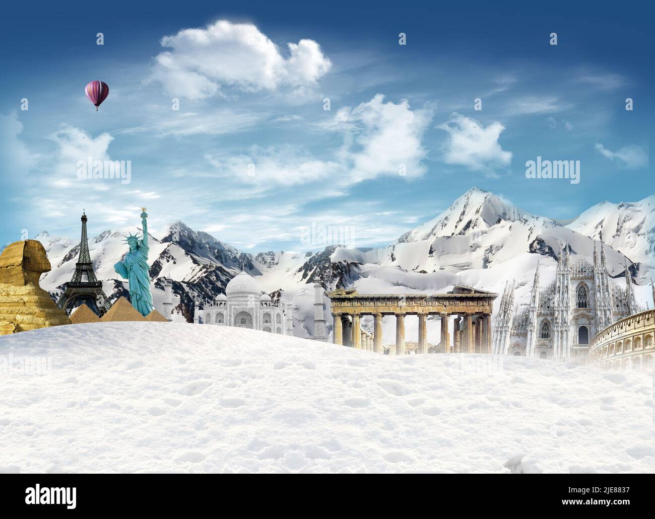 World landmarks among the mountain with snow and hot air balloon flying ...