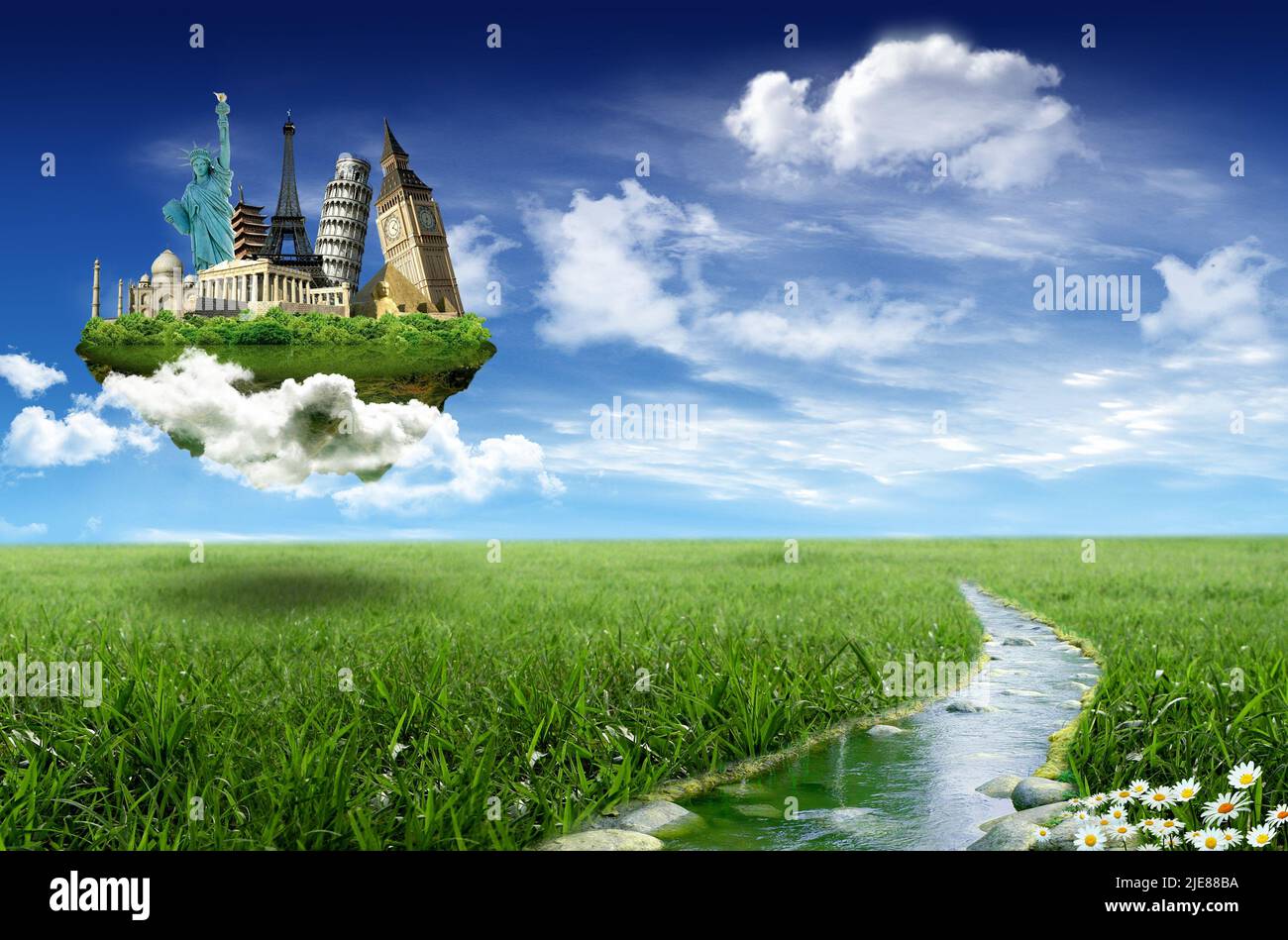 World landmarks on the island over the grassland with stream and sky ...