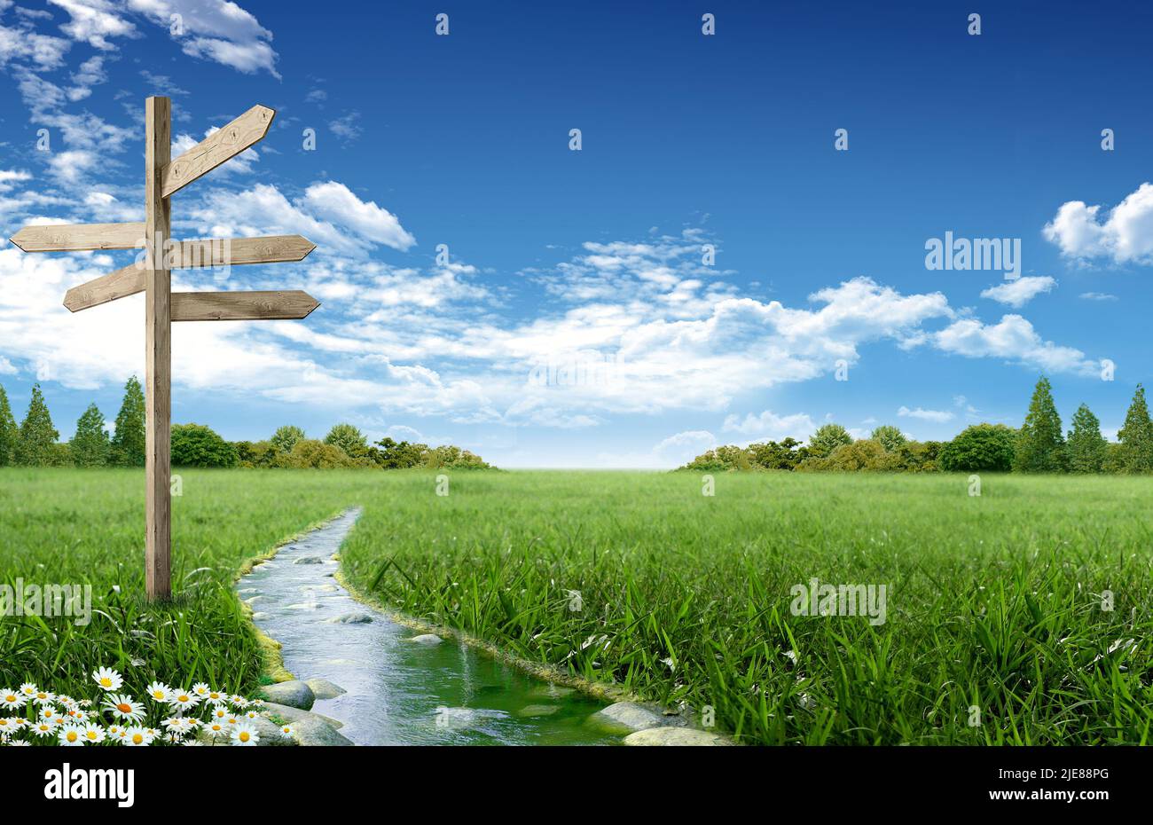 Indication panel in the riral landscape with trees and stream Stock ...
