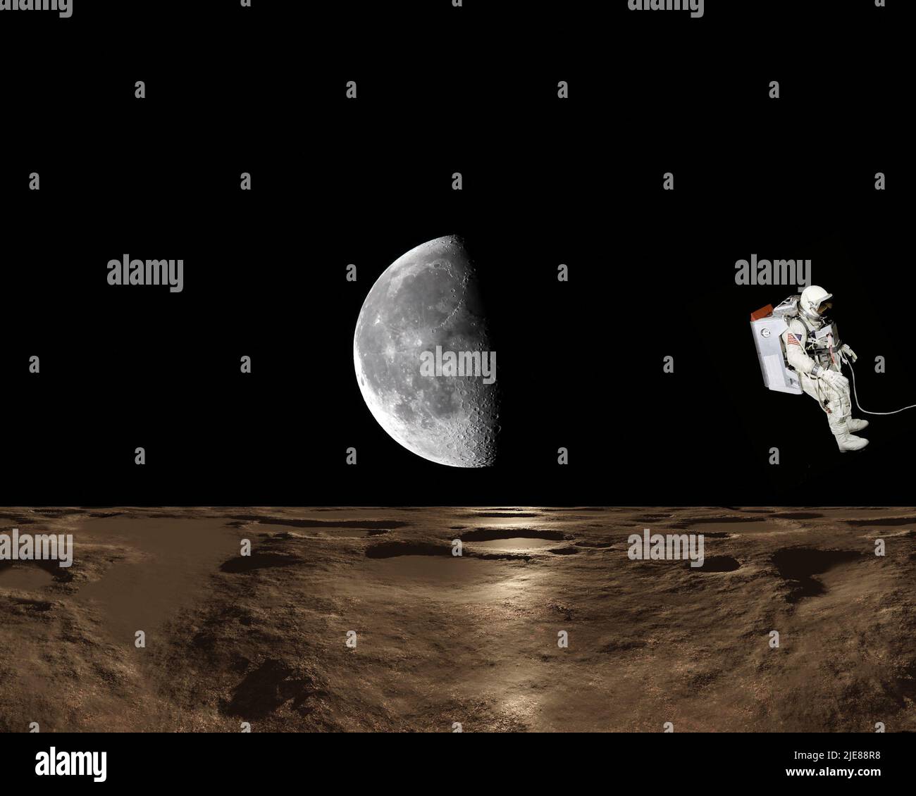 Astronaut fly in the space, with asteroid and moon in the background ...