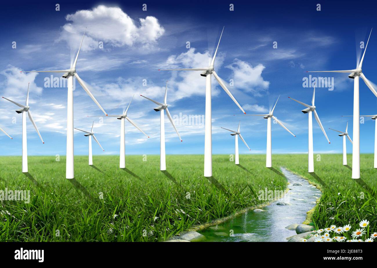 Wind farm: wind turbines in the grassland with blue sky and cloud in ...