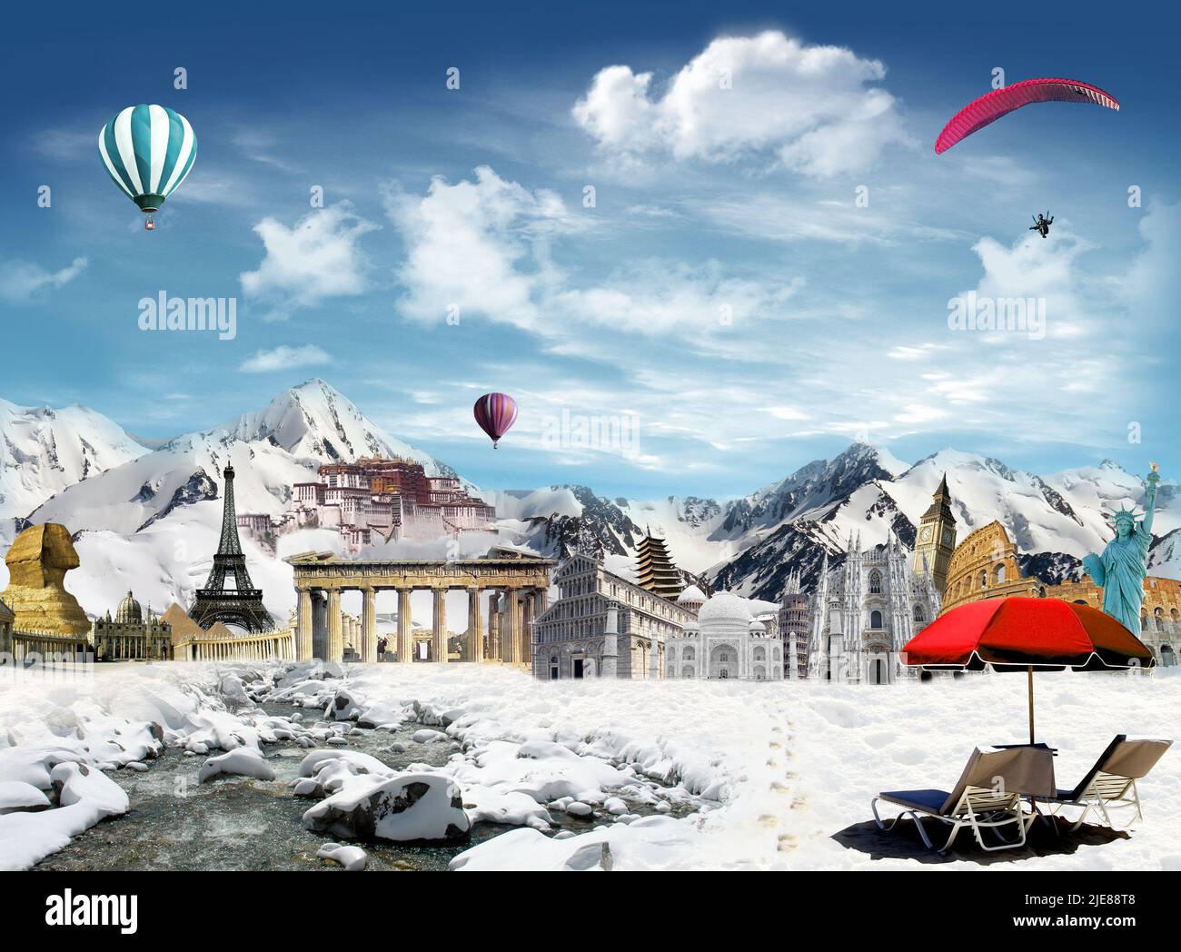 Tourism around the world: world landmarks among the mountain during the ...