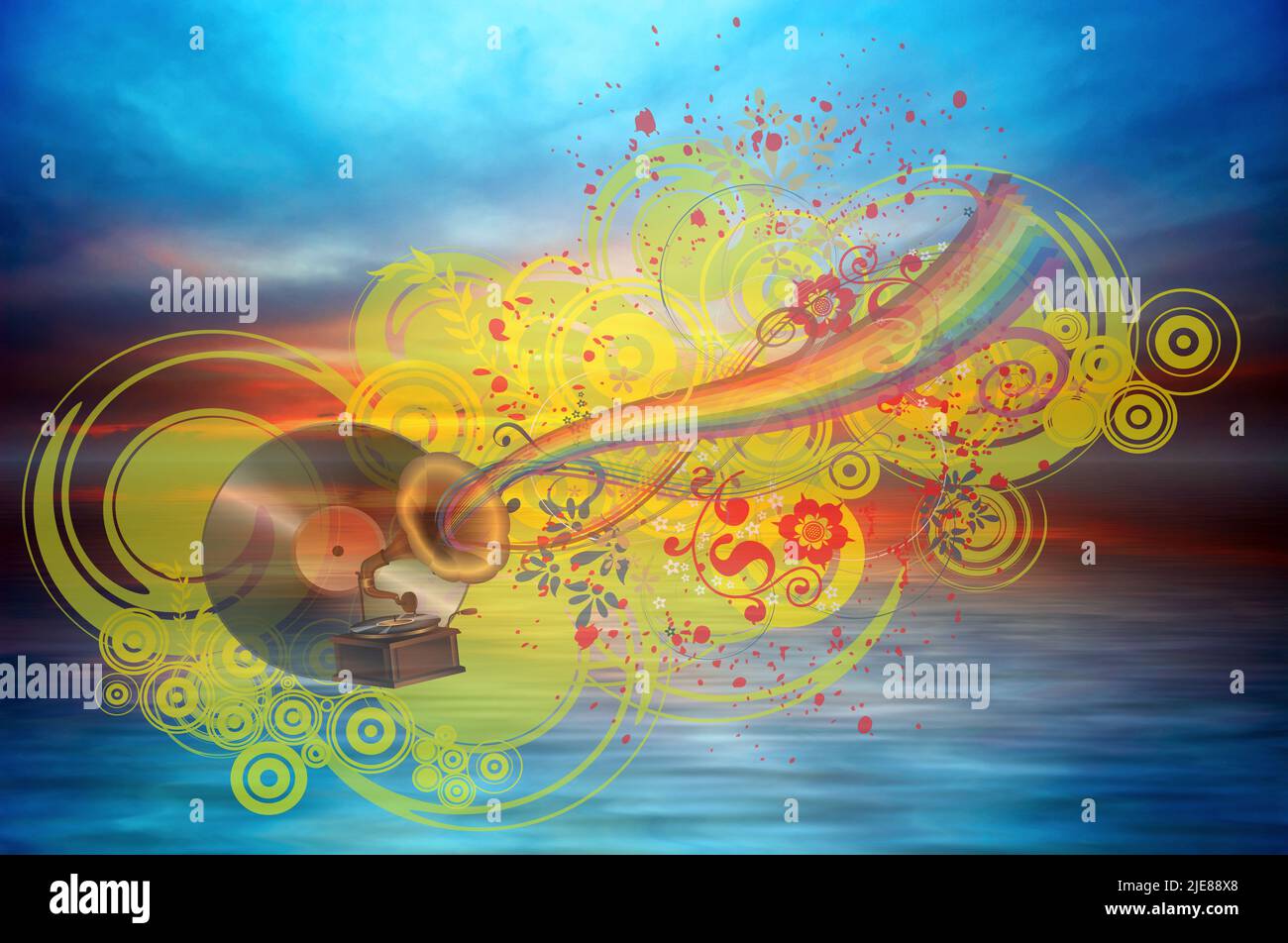 Music rainbow on the ocean sunset background Stock Photo - Alamy