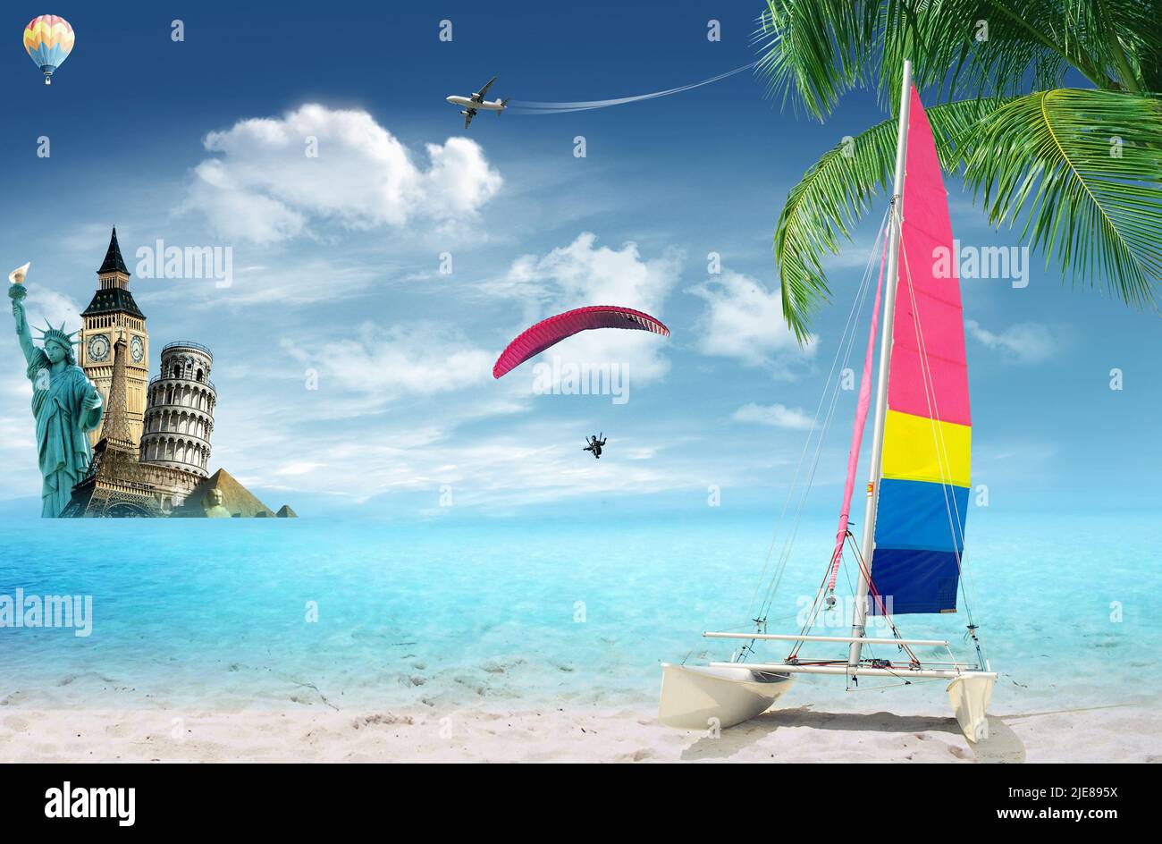 Travel around the world: illustration with monuments, landmarks and ...