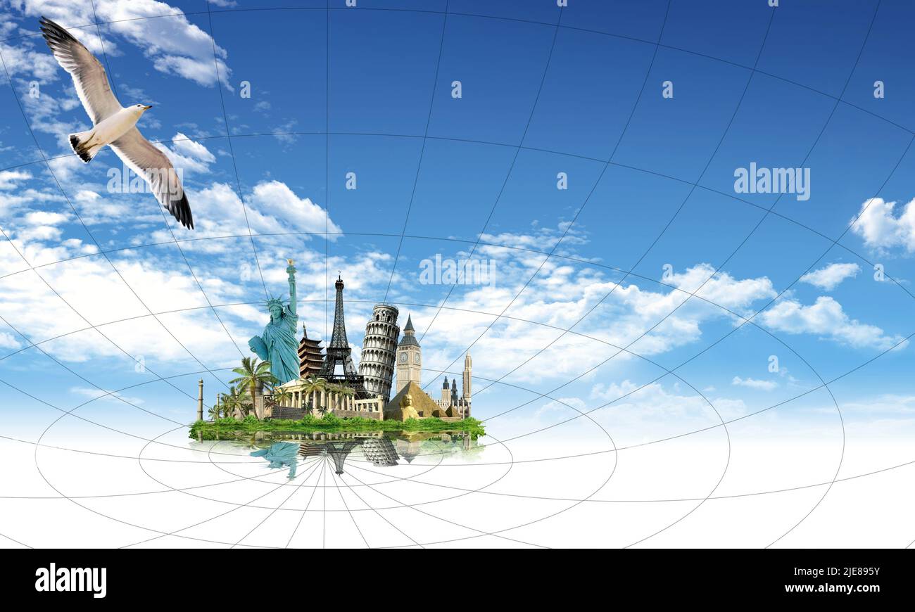 Travel around the world: seagull is flying in the sky and over the ...