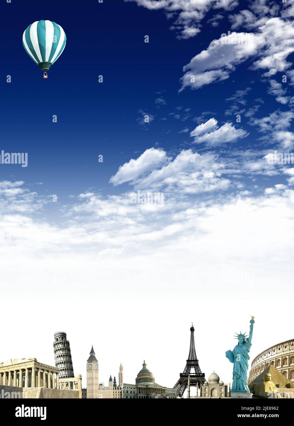 Travel around the world: landmarks with hot air blloon and blue sky ...