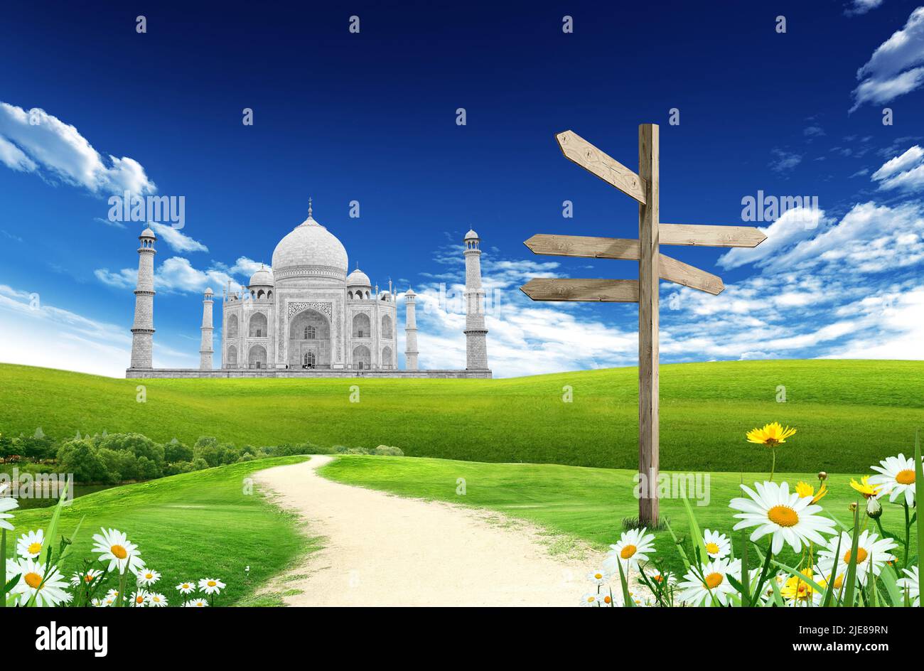 Landscape with country road and Taji Mahal, Agra landmark, India, in ...