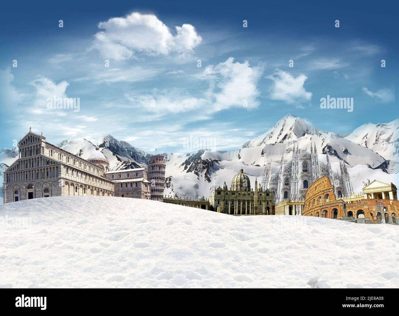 Italian landmarks in the snowfield with mountains and snow in the ...