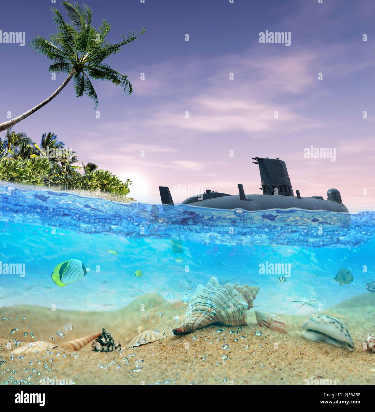 Submarine in the shallow water near the tropical island and underwater ...