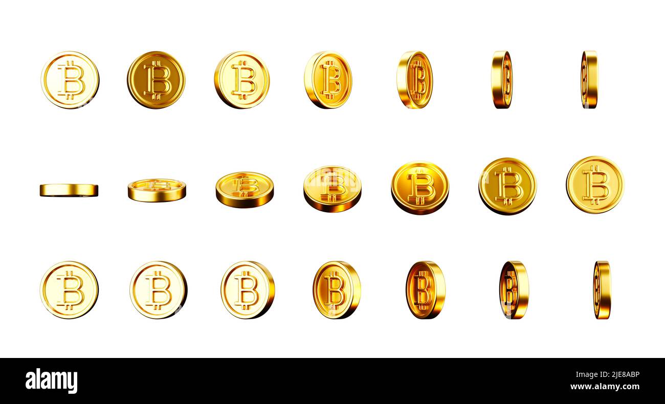 Set of golden bitcoin coins in different rotation views Stock Photo - Alamy