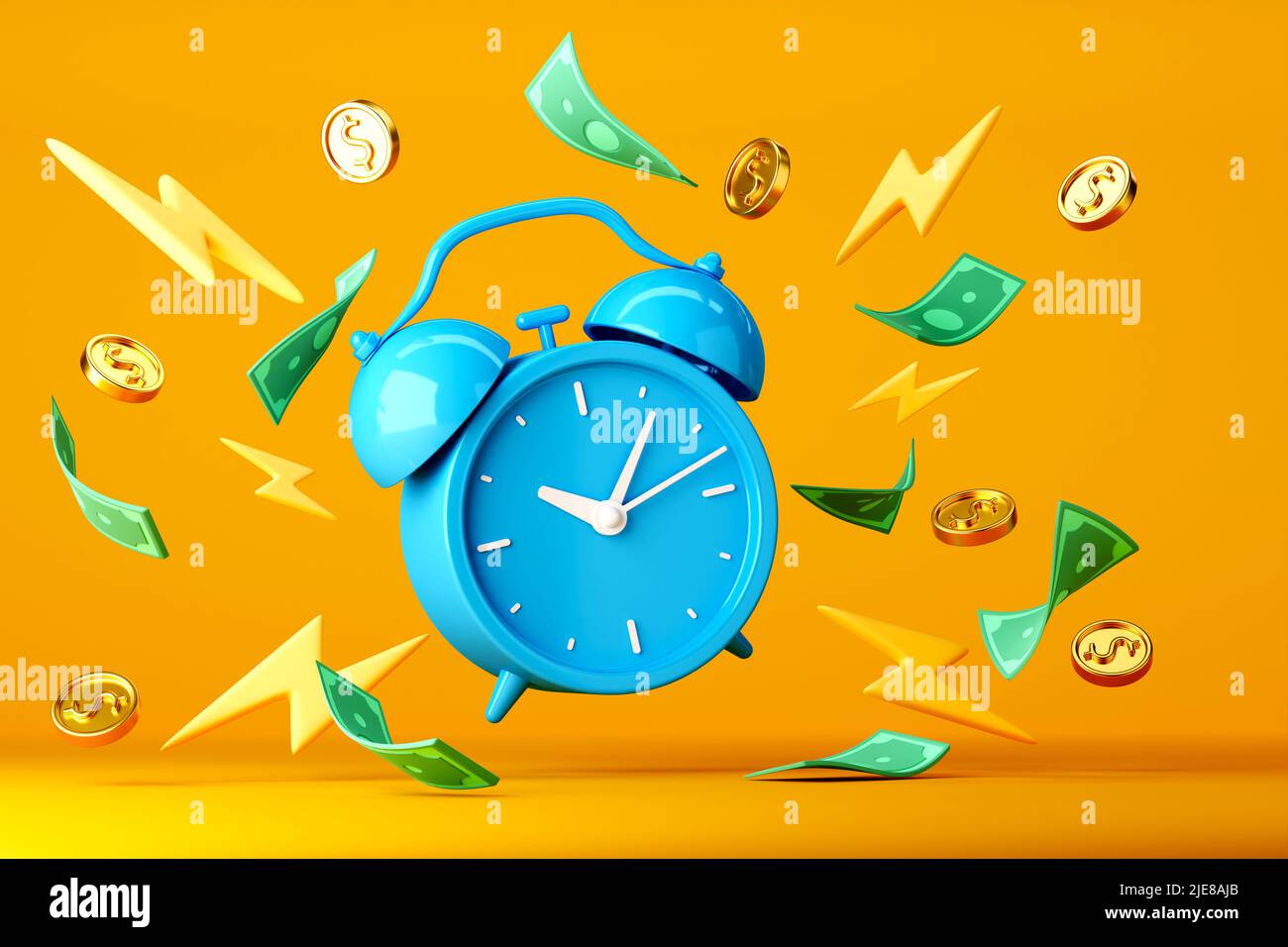 Blue alarm clock with floating bills and coins around Stock Photo - Alamy