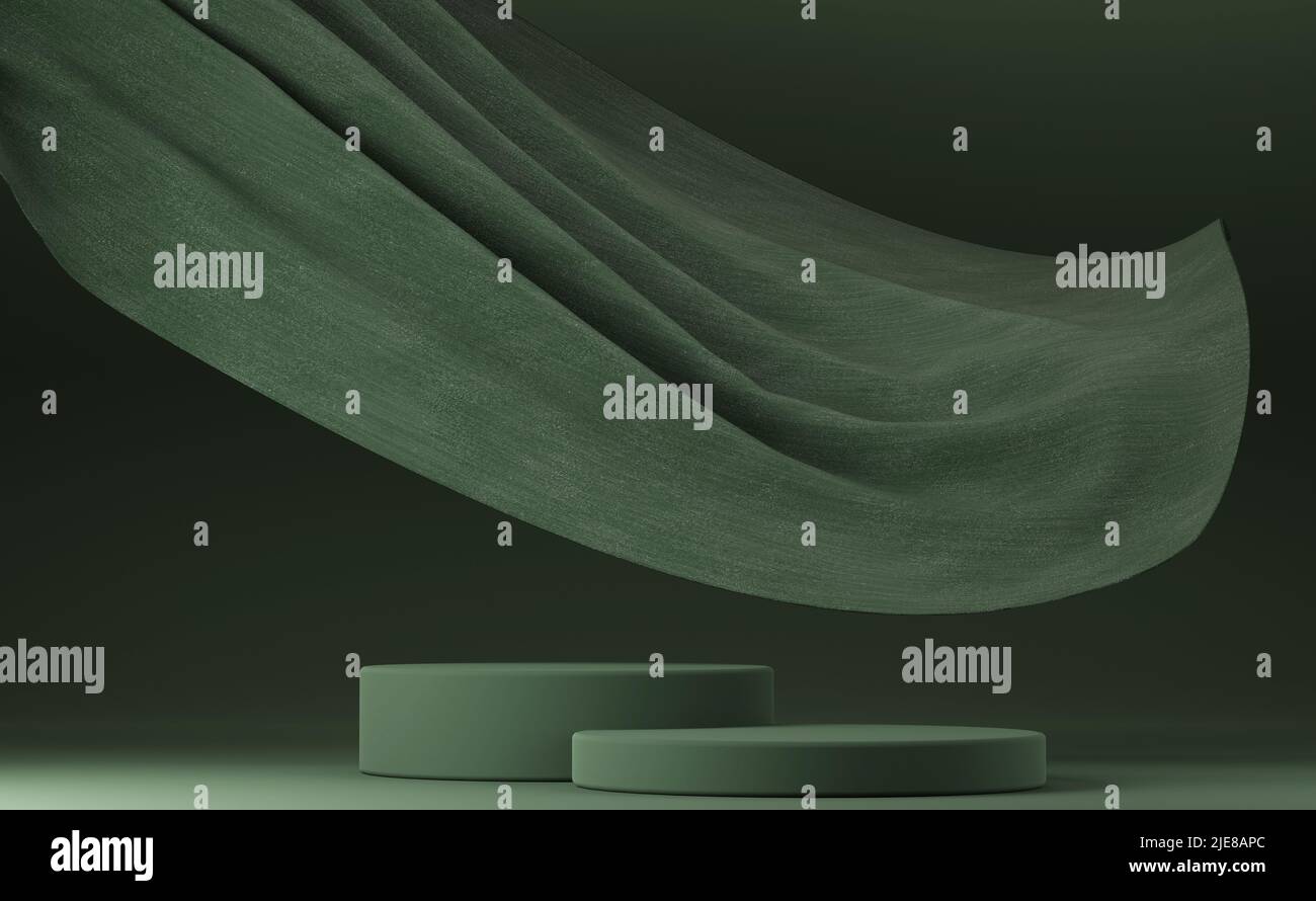 Dark green podium with green flying fabric, cloth background Stock ...