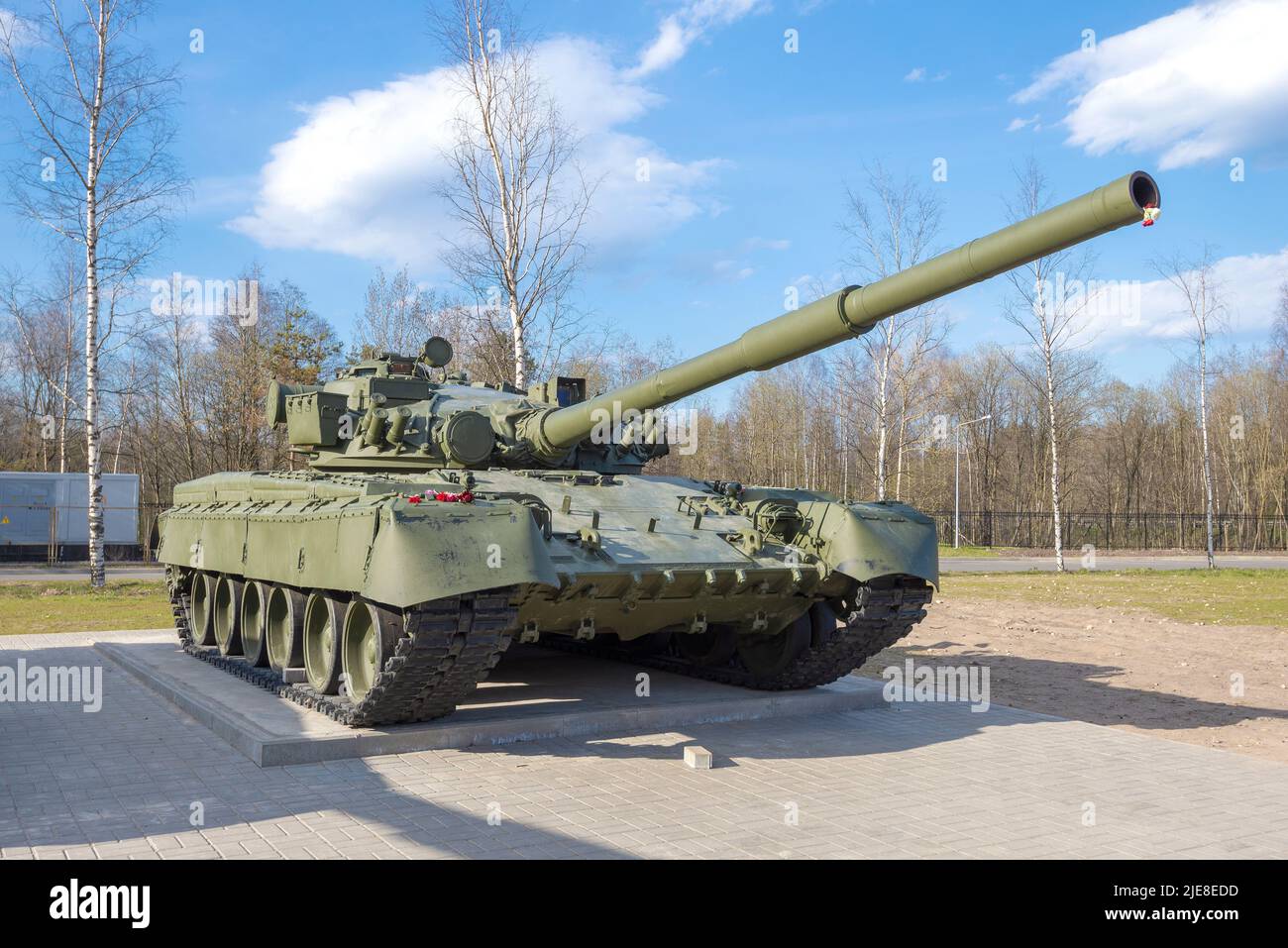 KIROVSK, RUSSIA - MAY 14, 2017: Soviet tank T-80B with a gas turbine engine on a sunny May day ...