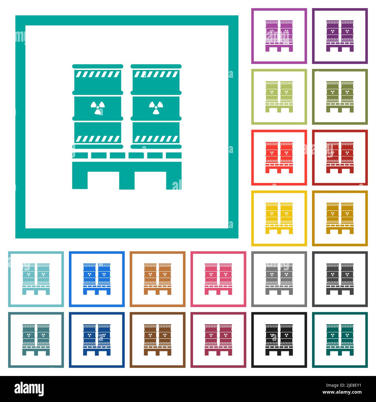 Pallet with radioactive waste flat color icons with quadrant frames on ...