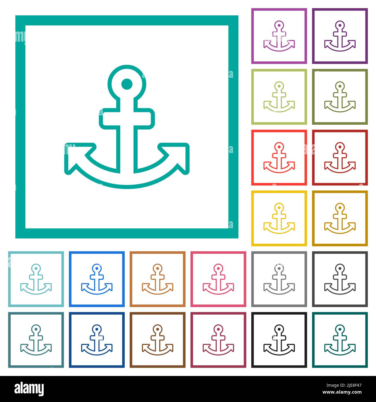 Anchor outline flat color icons with quadrant frames on white ...