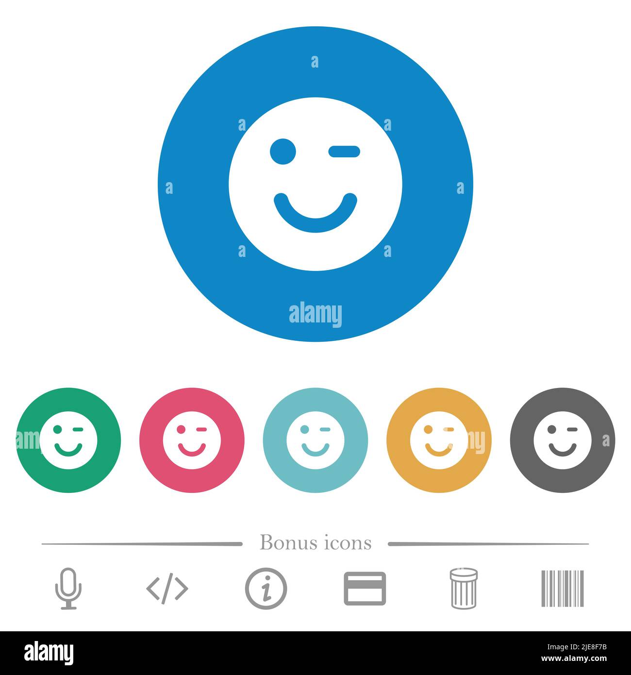 Winking emoticon solid flat white icons on round color backgrounds. 6 ...