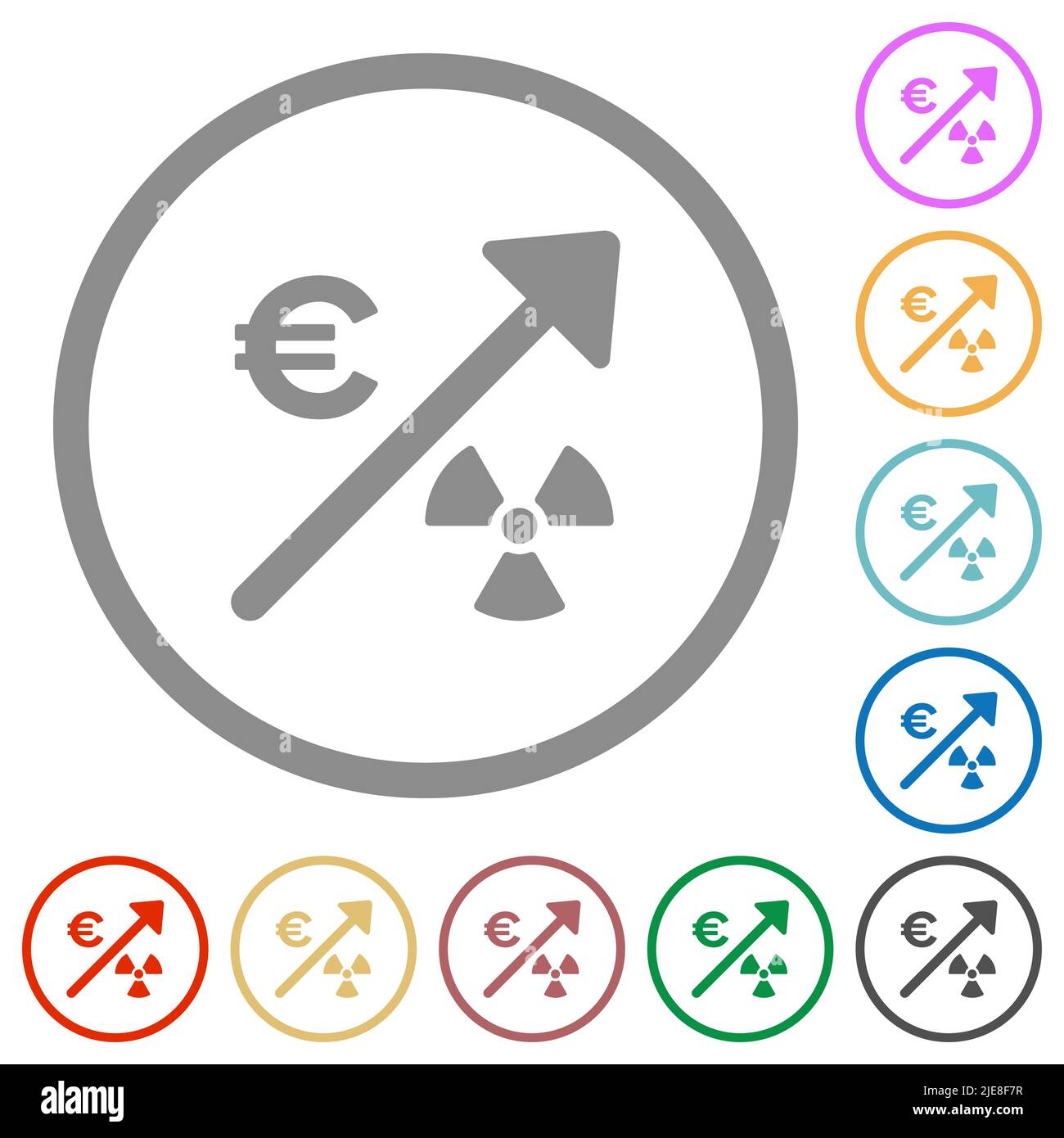 Rising nuclear energy european Euro prices flat color icons in round ...