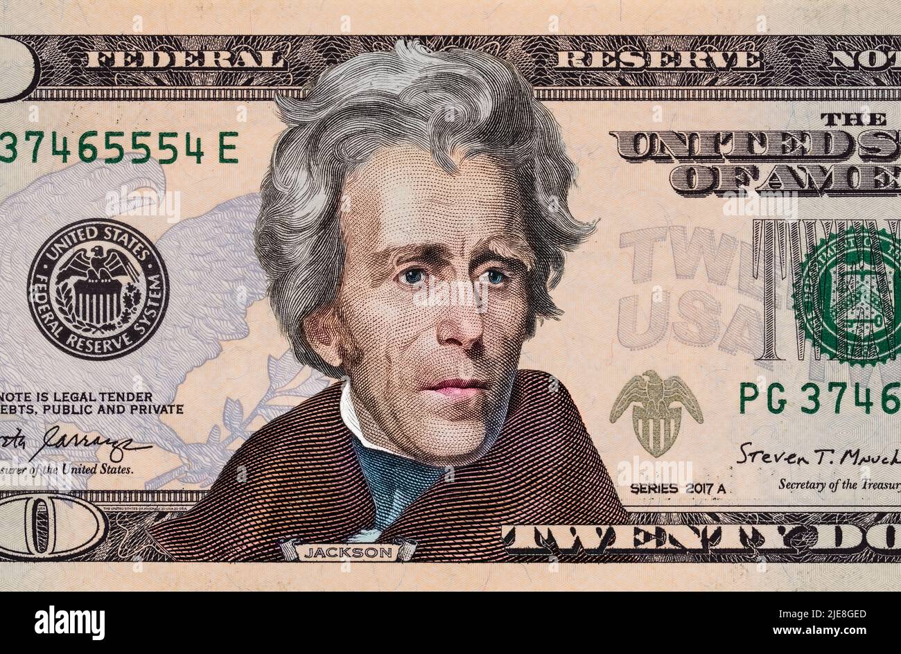 Closeup of front side of colorized 20 dollar banknote for design ...