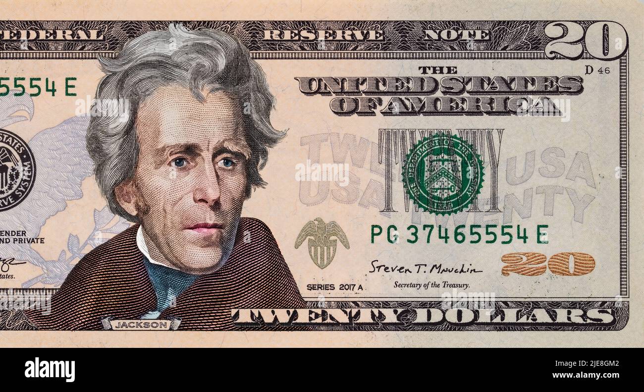 Closeup of front side of colorized 20 dollar banknote for design ...