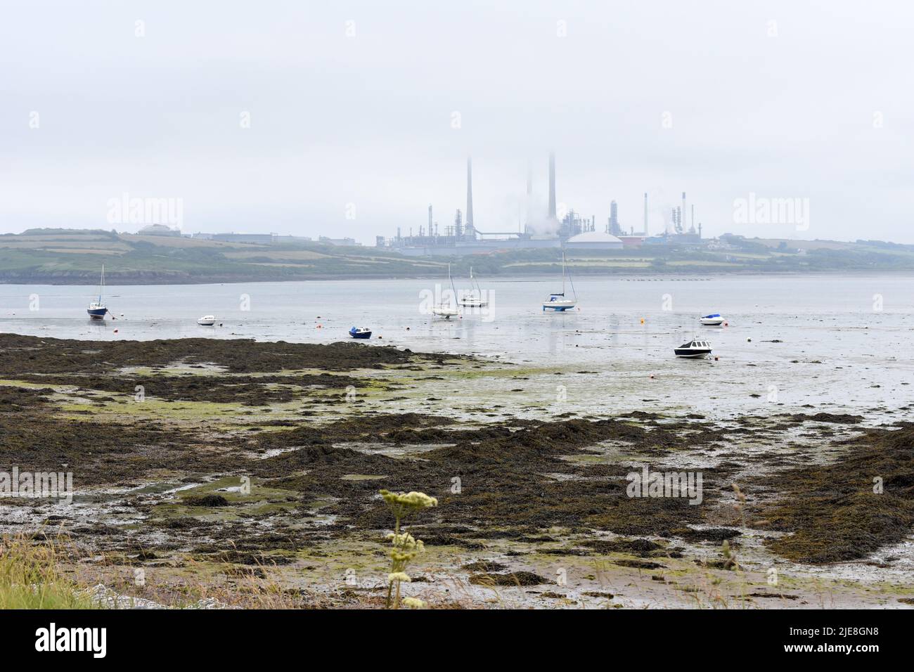View across Angle bay towards Pembroke refinery, Angle, Pembrokeshire ...