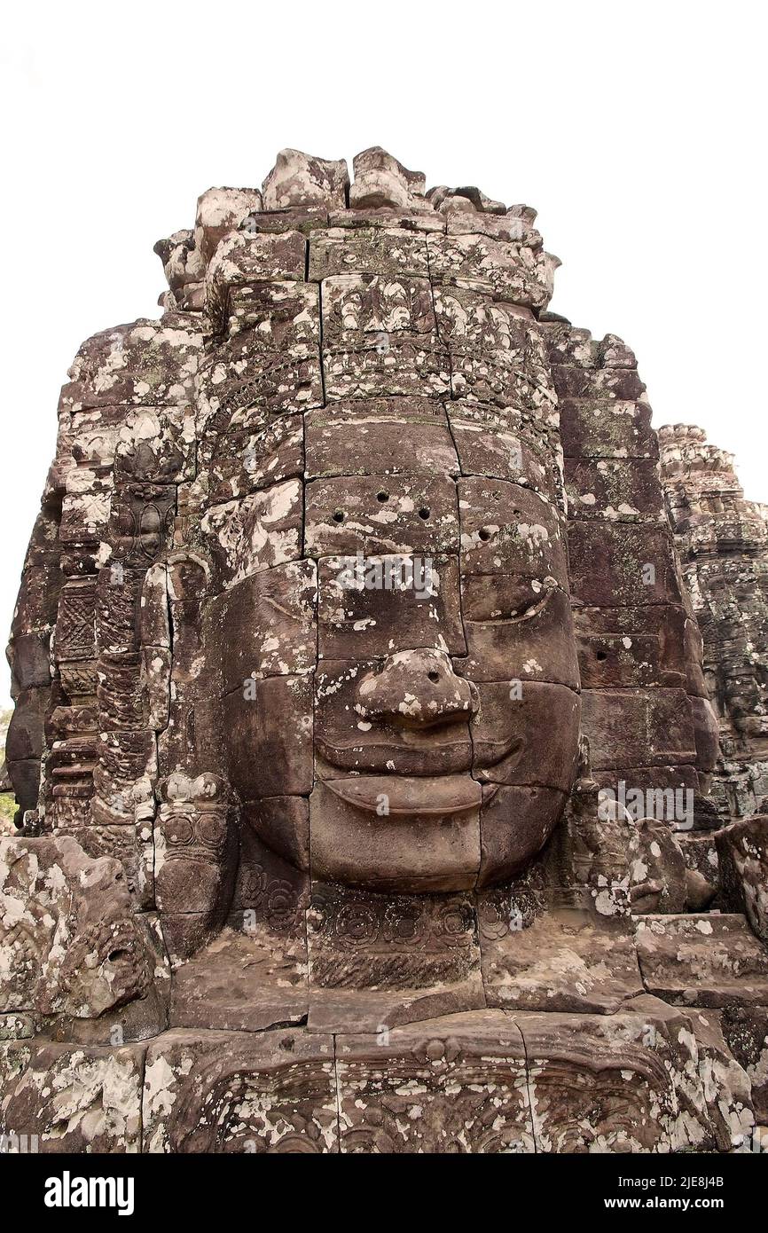 Details of the smiling face on the face tower at the Bayon temple upper ...