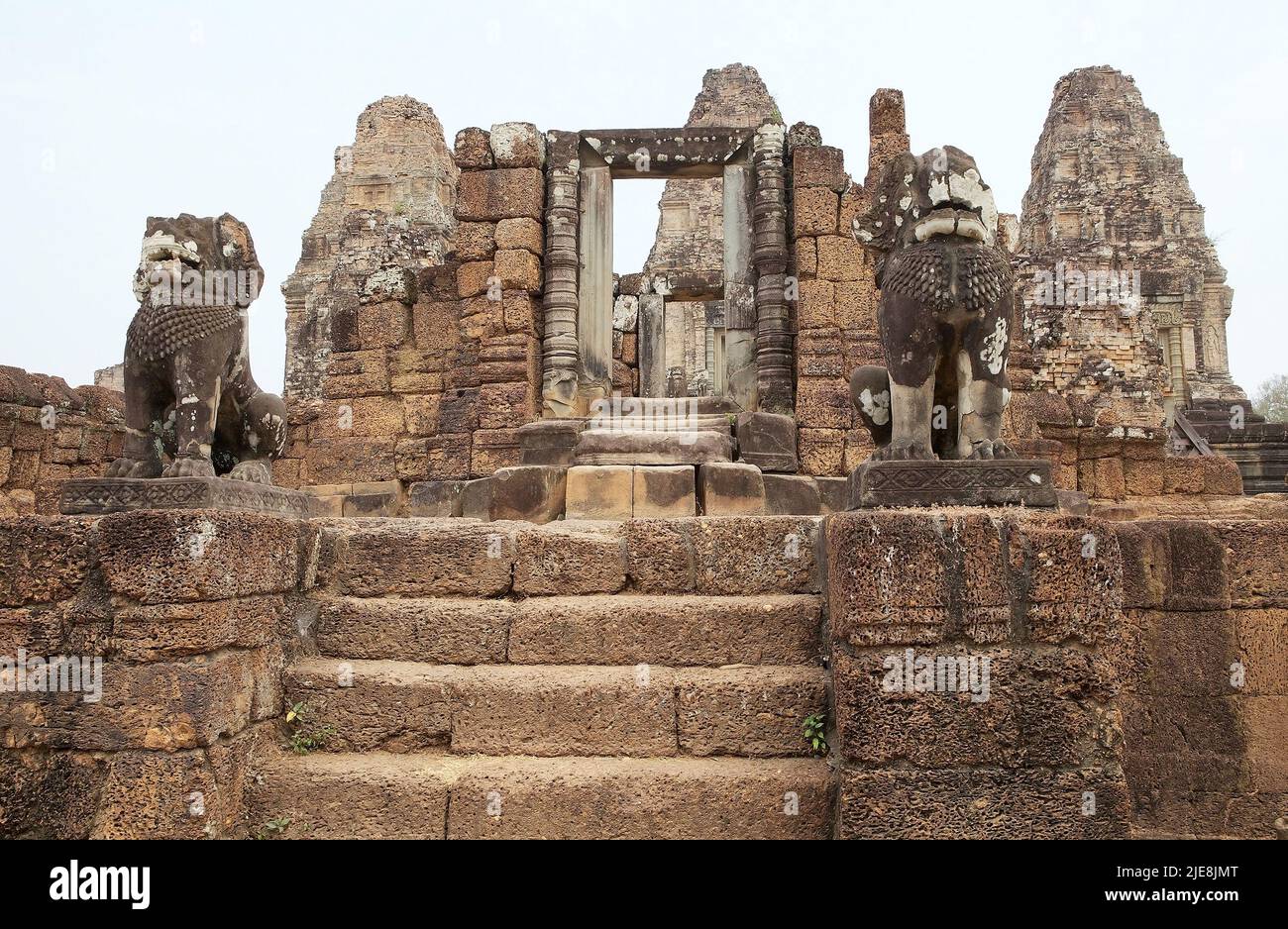 The lion guardians at the East Mebon temple ruins, Angkor, Siem Reap ...