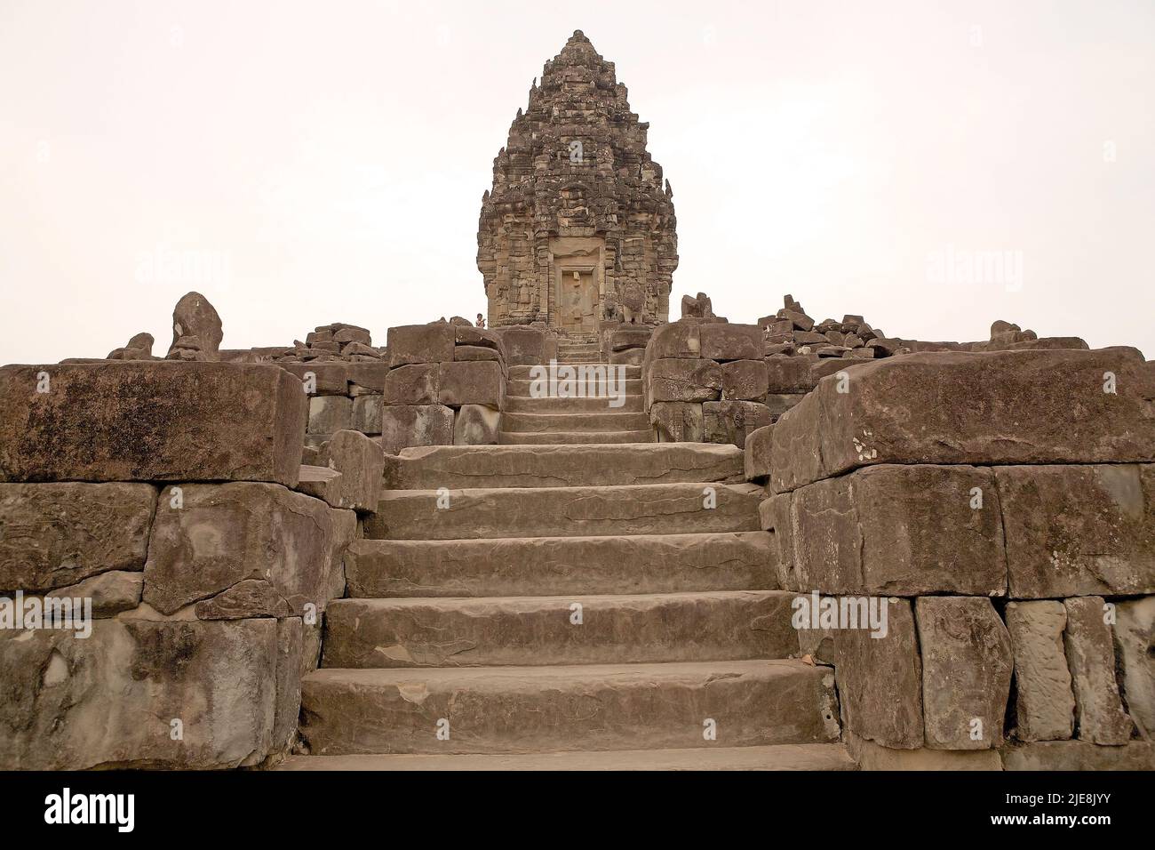 The stairway to the tower on the top of the Bakong temple ruins, Angkor ...