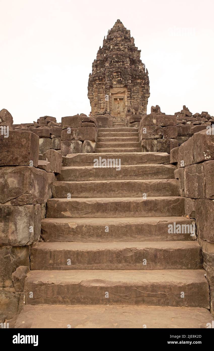 The stairway to the tower on the top of the Bakong temple ruins, Angkor ...