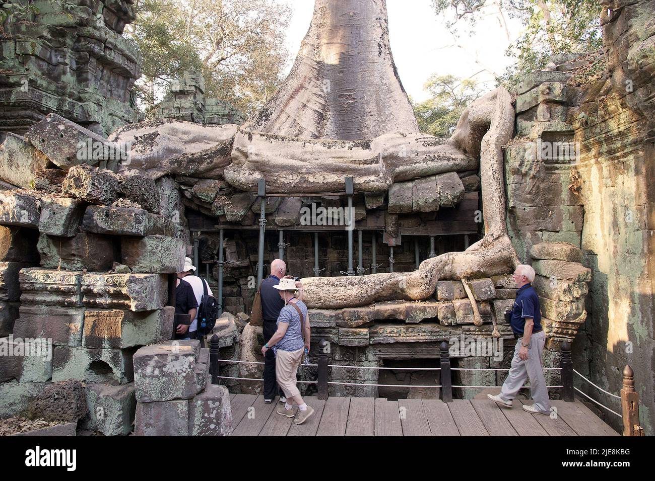 Tourists are visiting the Ta Prohm temple ruins, Angkor, Siem Reap ...