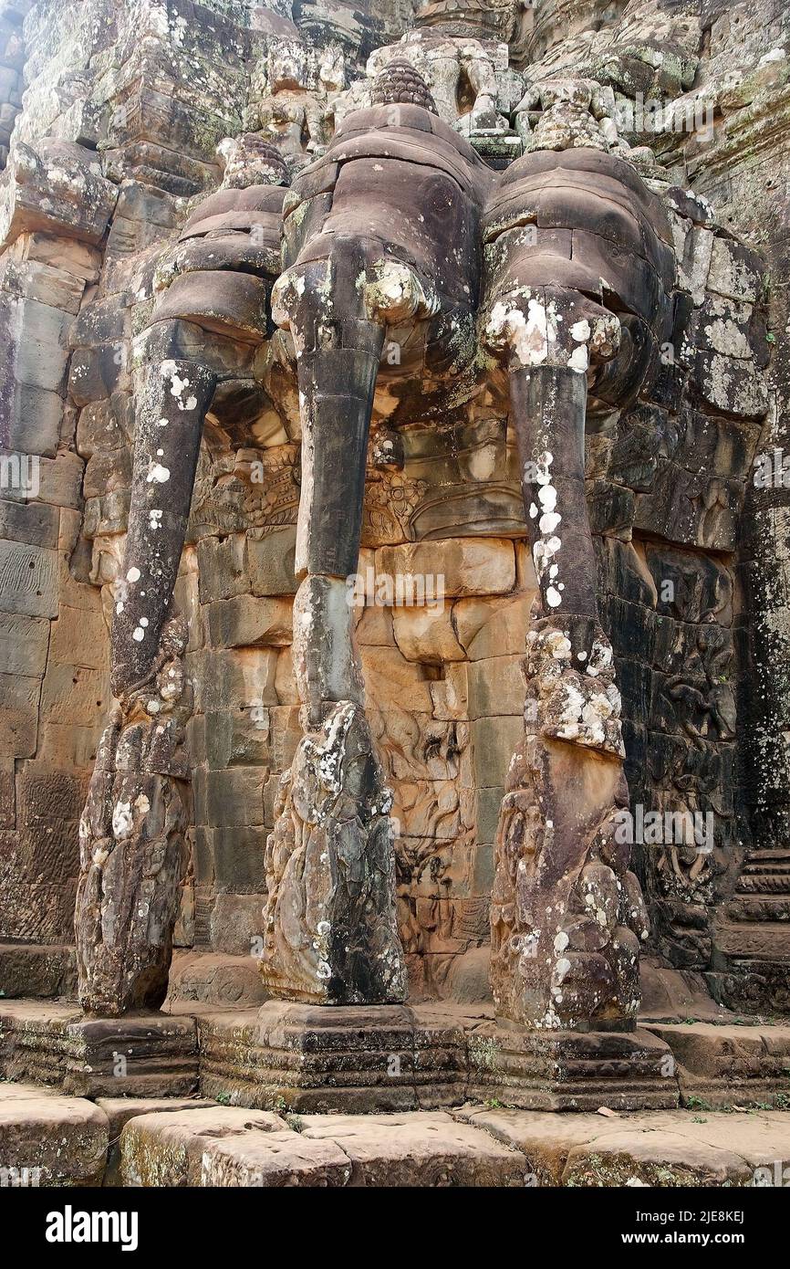 Details of the elephant heads in the 23 m tower at Angkor Thom South ...