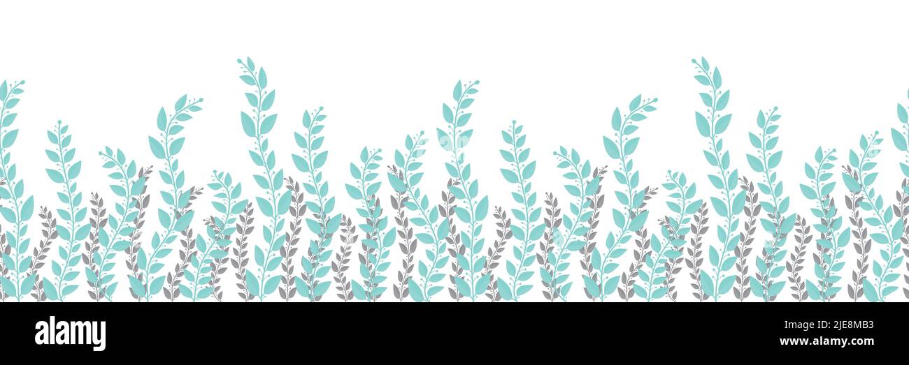 Blue grey leaves silhouette horizontal border. Frame border for fabric ...