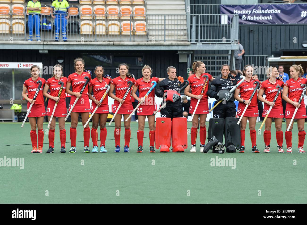 Belgian red panthers pose at the start of a hockey match between the ...